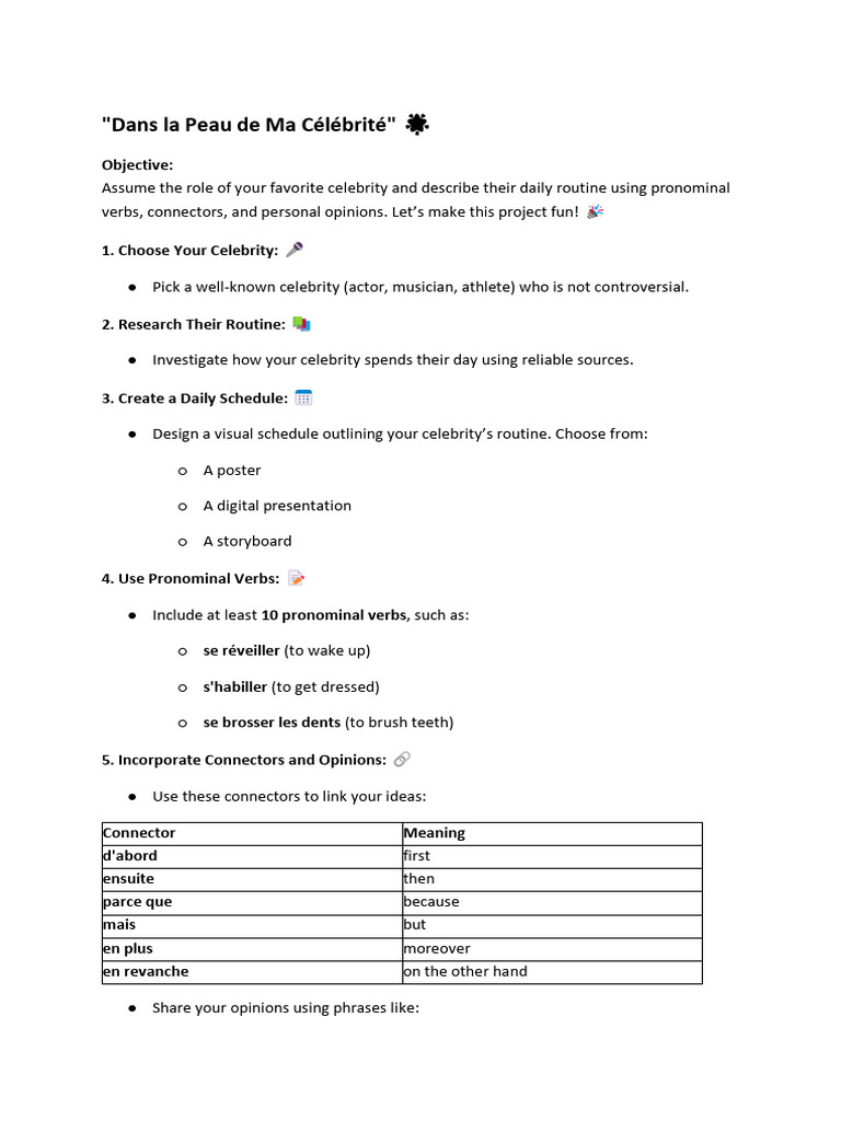 French Celebrity Routine Mini-Project Grade 8 2025 | PDF | Learning ...