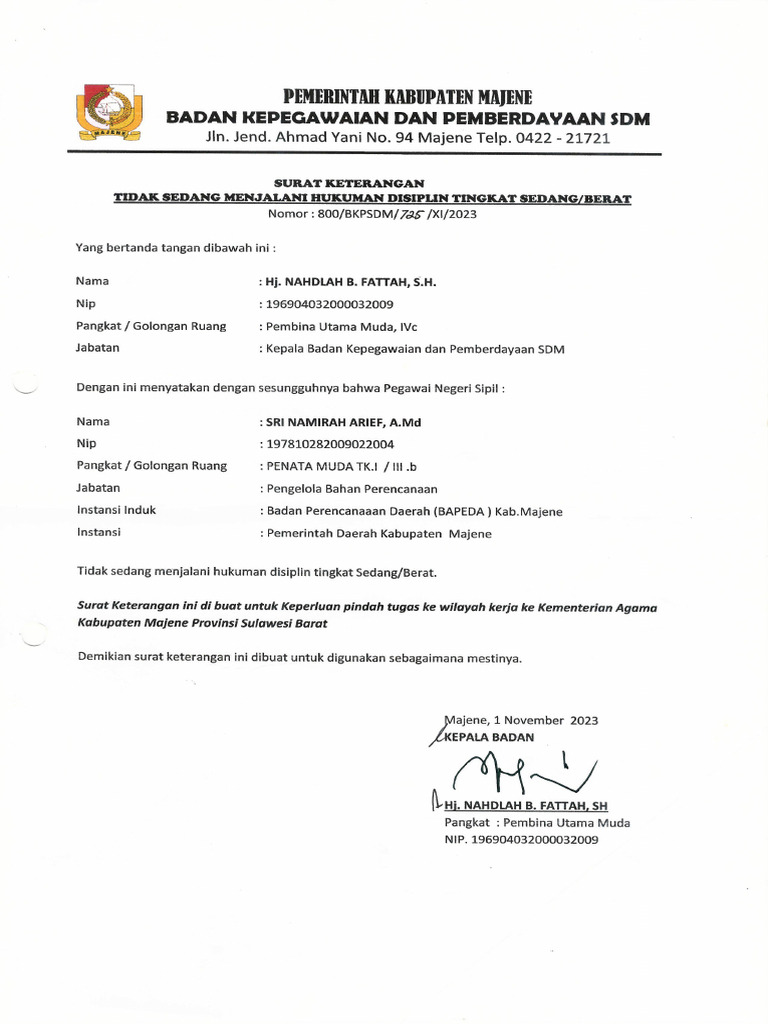 Surat Keterangan Tidak Sedang Menjalani Hukuman Disiplin | PDF