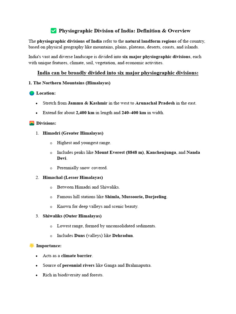 Physiographic Divisions of India | PDF | Himalayas | Earth Sciences