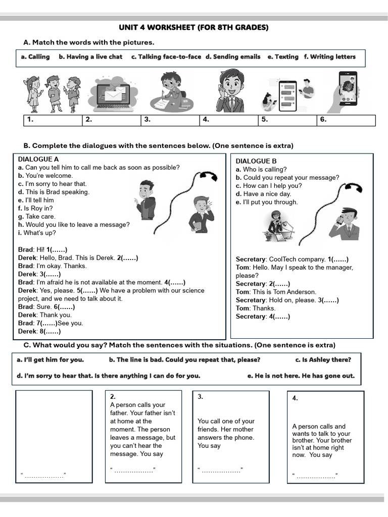 Unit 4 Worksheet For 8th Grades by Mete - Elt | PDF