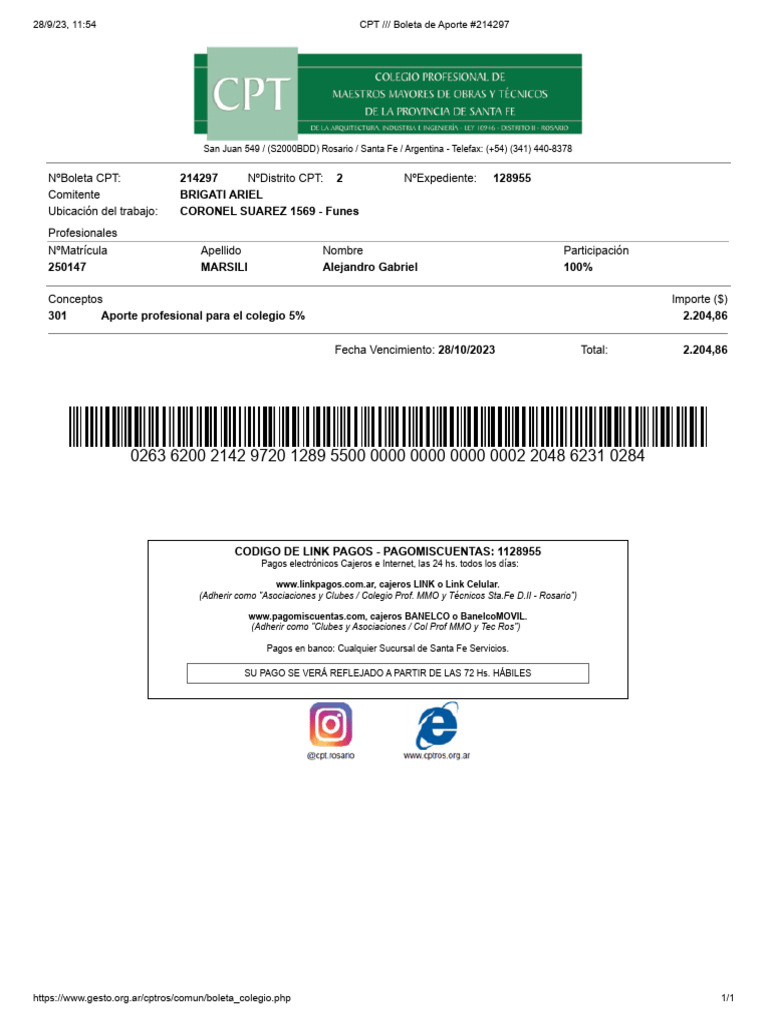 Boleta de Aporte CPT #214297 | PDF