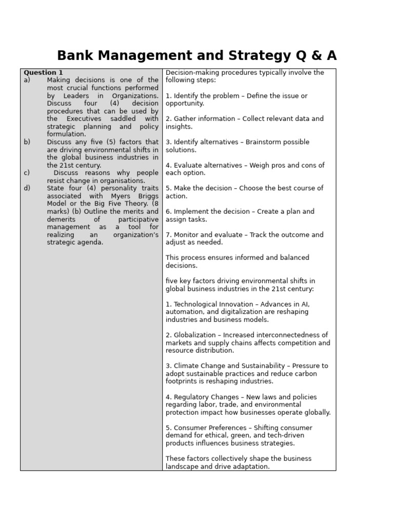 Bank Management and Strategy Q & A II | PDF | Leadership | Banks