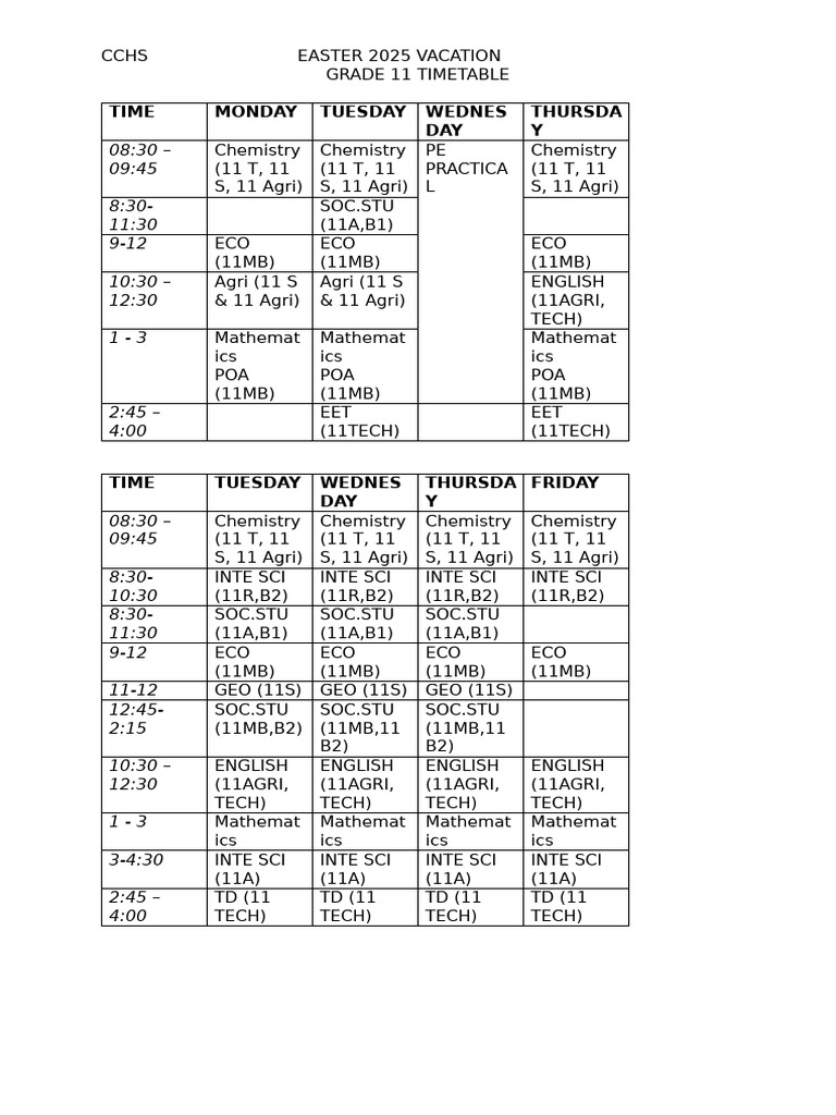 Vacation Timetable Easter 2025-1 | PDF