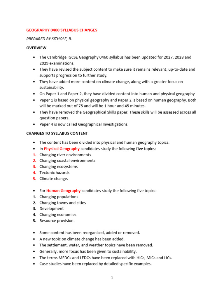 Geography 0460 Syllabus Changes | PDF | Geography