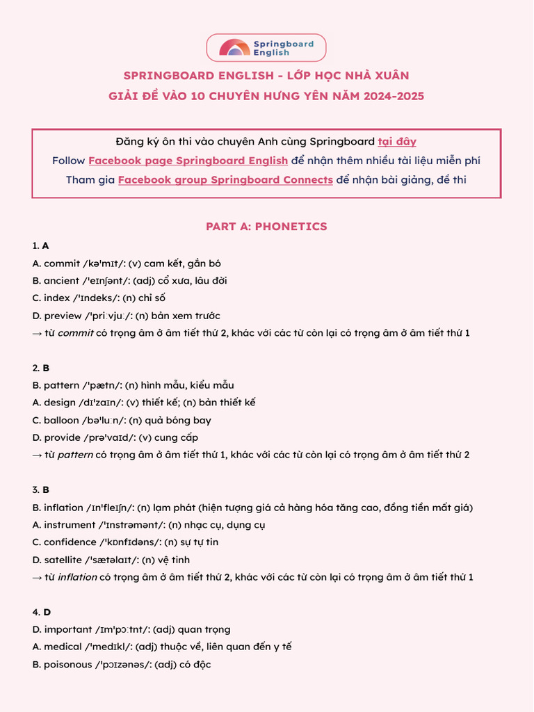 Springboard English Giai de Vao 10 Chuyen Hung Yen 2024 2025 | PDF