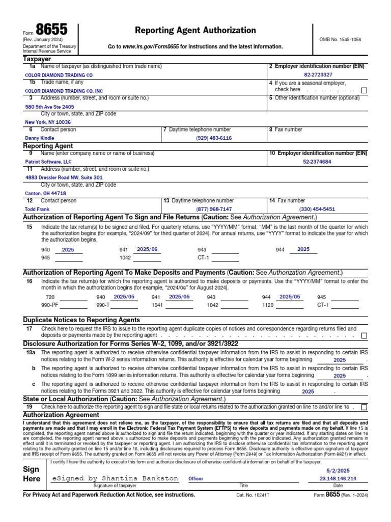 Reporting Agent Authorization: Shantina Bankston | PDF | Internal Revenue Service | Irs Tax Forms