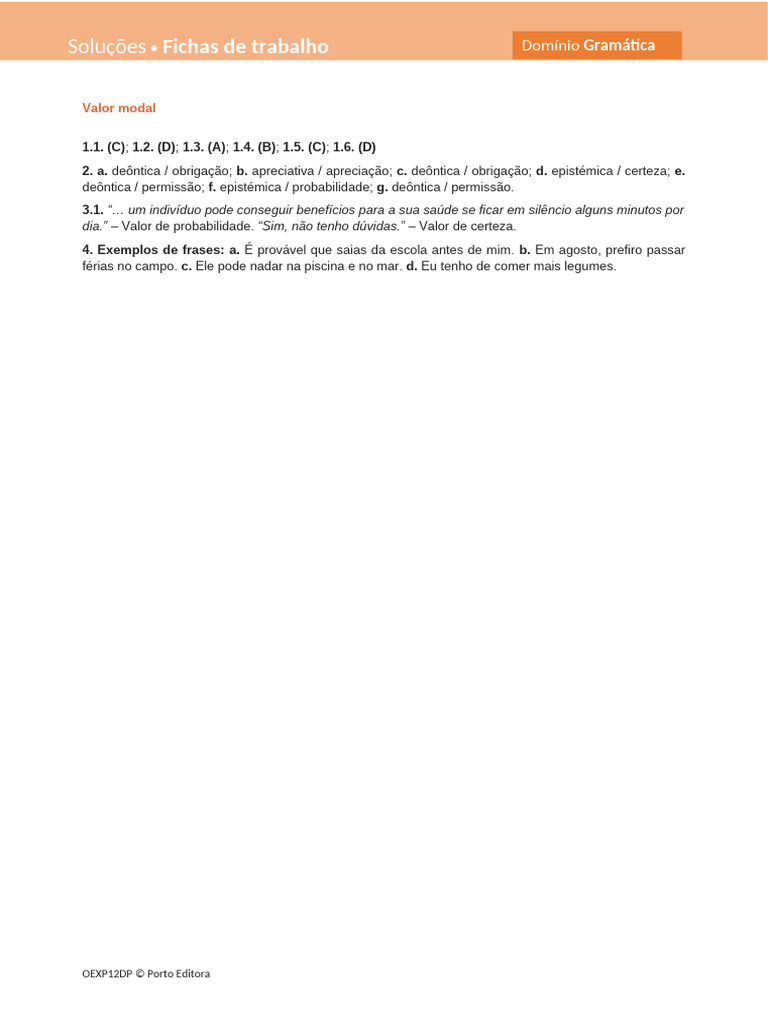Soluções Ficha de Trabalho Valor Modal | PDF