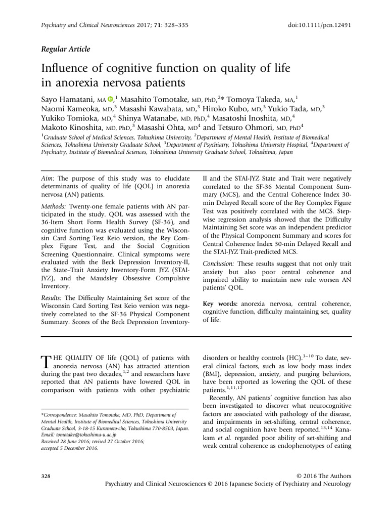 Influence of Cognitive Function On Quality of Life in Anorexia Nervosa ...