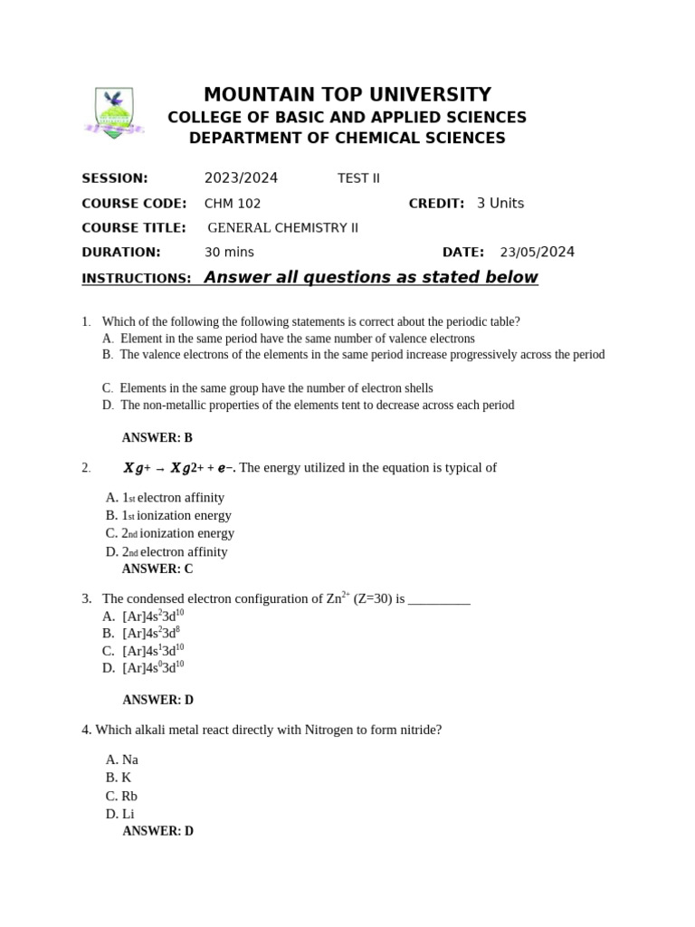General Chemistry II Test Questions | PDF | Chemistry | Atoms