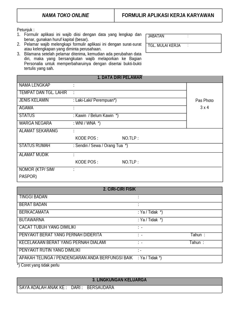 Contoh FORMULIR APLIKASI KERJA KARYAWAN | PDF