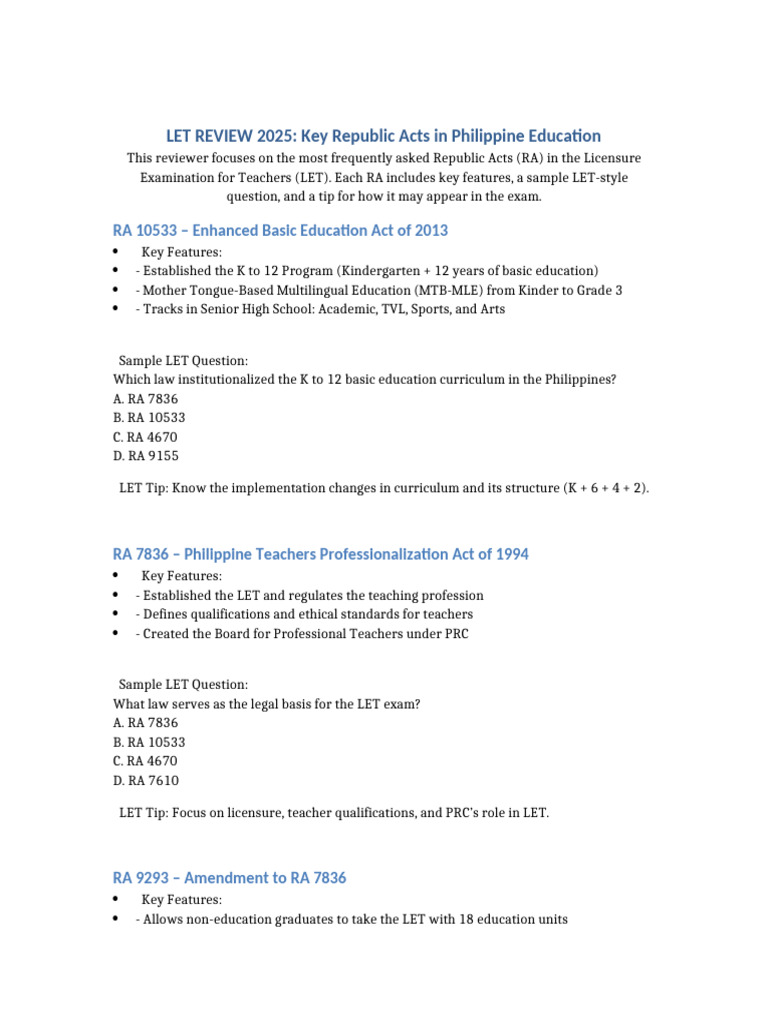 LET Reviewer 2025 RA Focus | PDF | Teachers