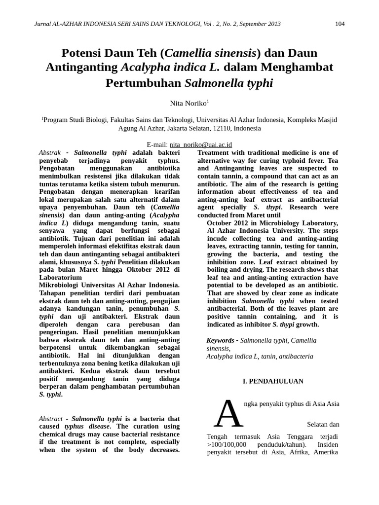Potensi Daun Teh (Camellia sinensis) dan Daun Antinganting Acalypha indica L. dalam Menghambat | PDF