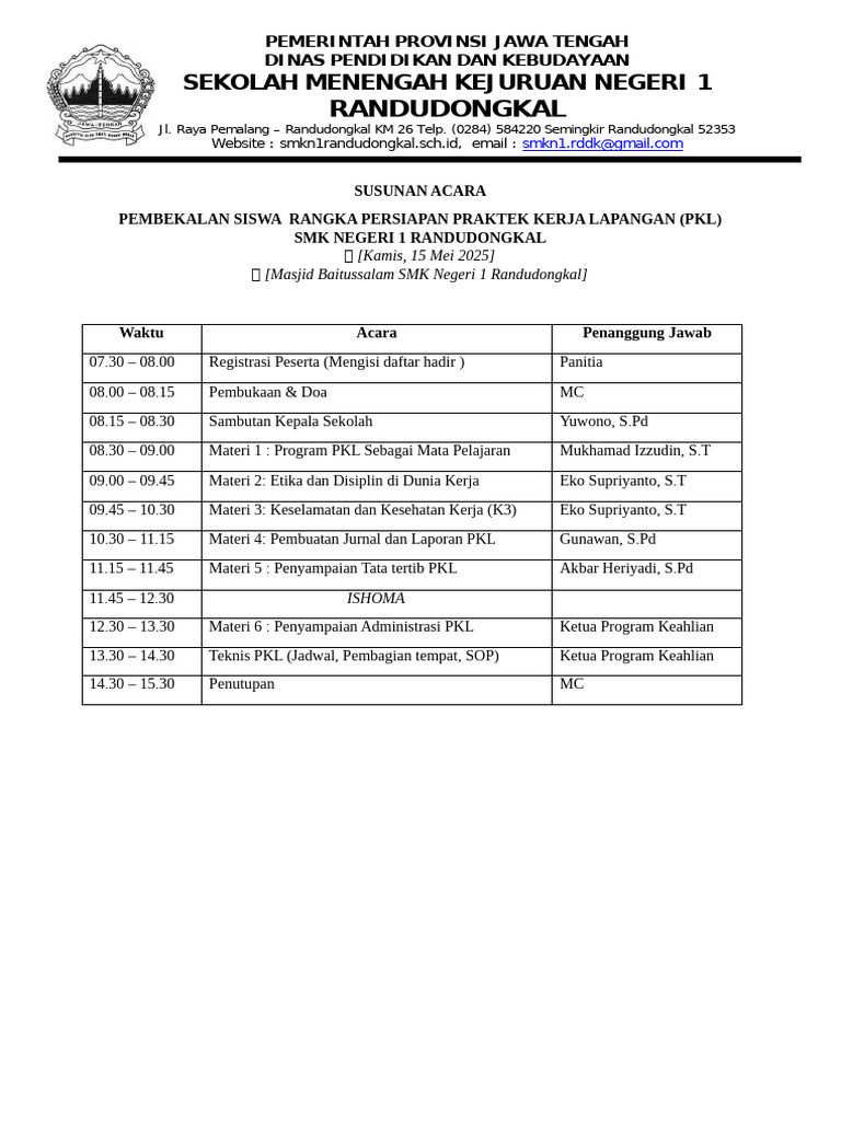 Susunan Acara Pembekalan PKL 2025 | PDF