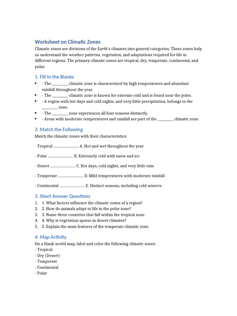 Worksheet on Earth's Climatic Zones | PDF