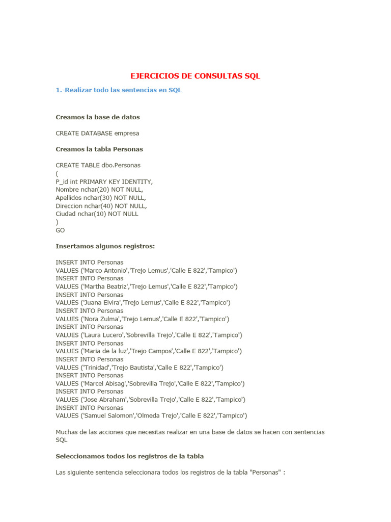 Ejercicio Sentencias SQL | PDF | SQL | Modelo de datos
