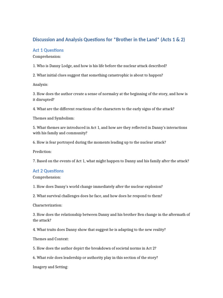 Discussion Questions for *Brother in the Land* | PDF