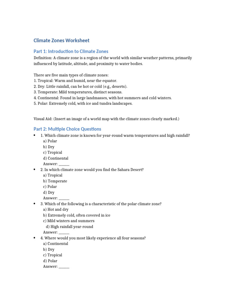 Climate Zones Worksheet | PDF | Temperate Climate | Tropics