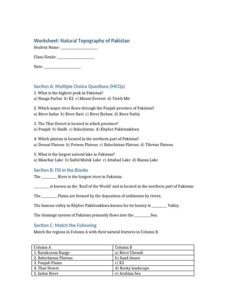 Natural_Topography_of_Pakistan_Worksheet | PDF | Indus River | Physical ...