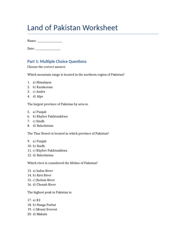 land_of_pakistan_worksheet | PDF