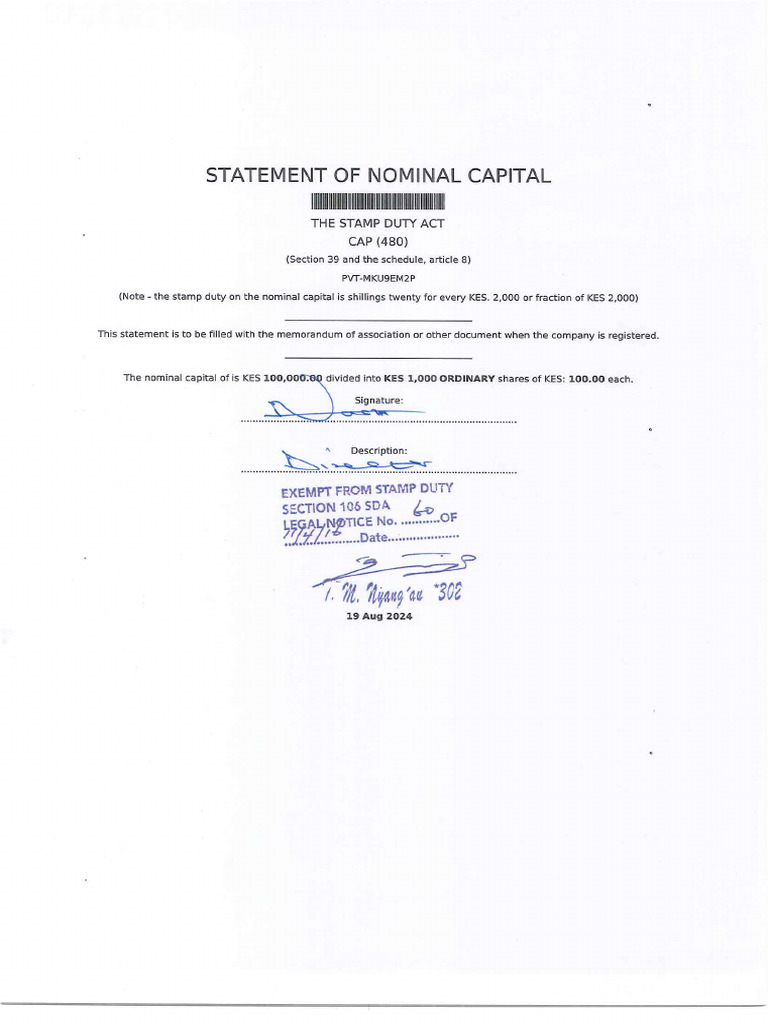 Statement of Nominal Capital | PDF