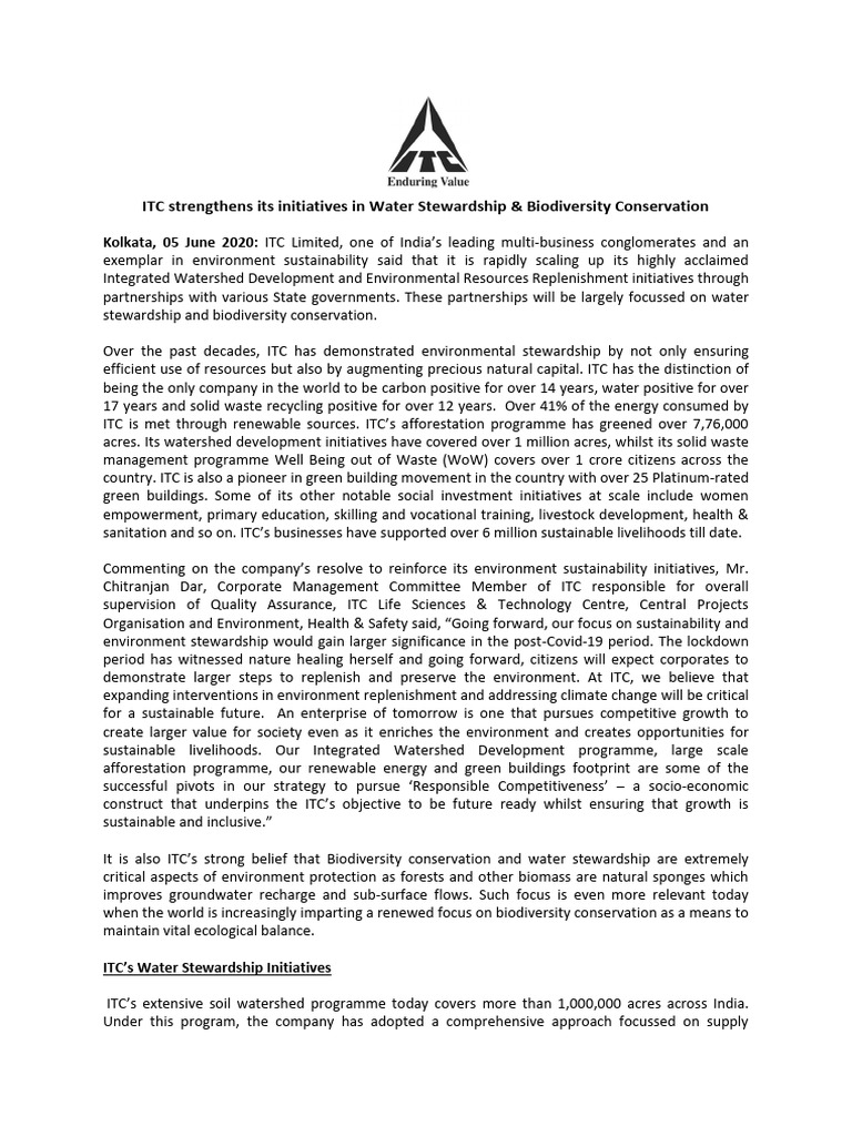 ITC Strengthens Its Initiatives in Water Stewardship and Biodiversity Conservation | PDF ...