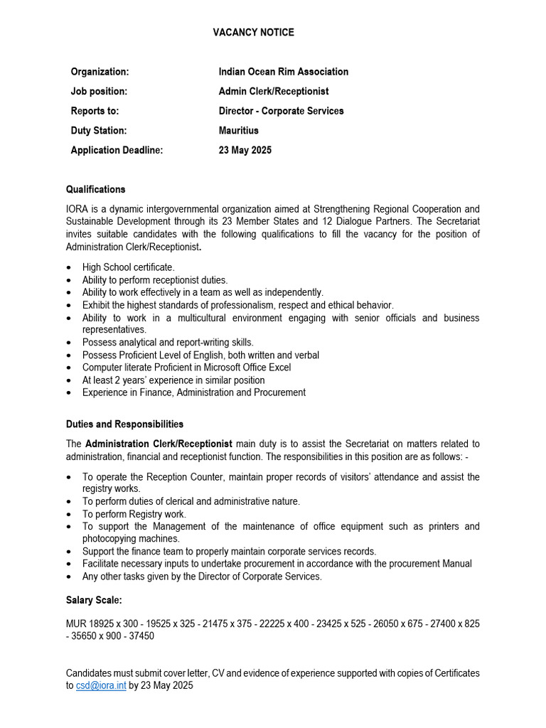 Admin Clerk Receptionist Advert 2025 003 | PDF