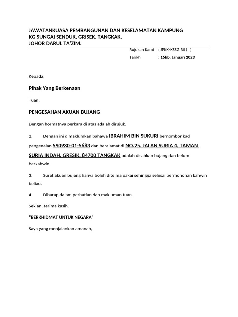 Surat Perakuan Bujang | PDF
