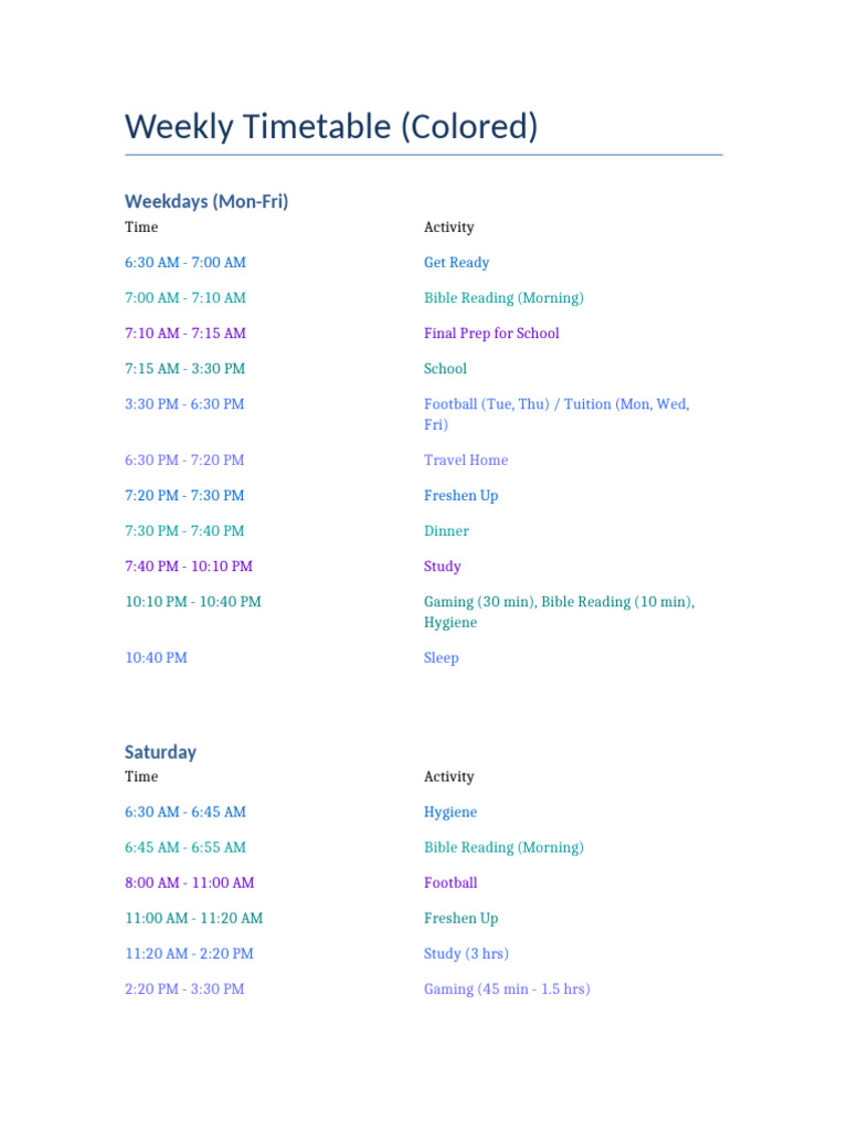 Weekly Timetable Colored | PDF