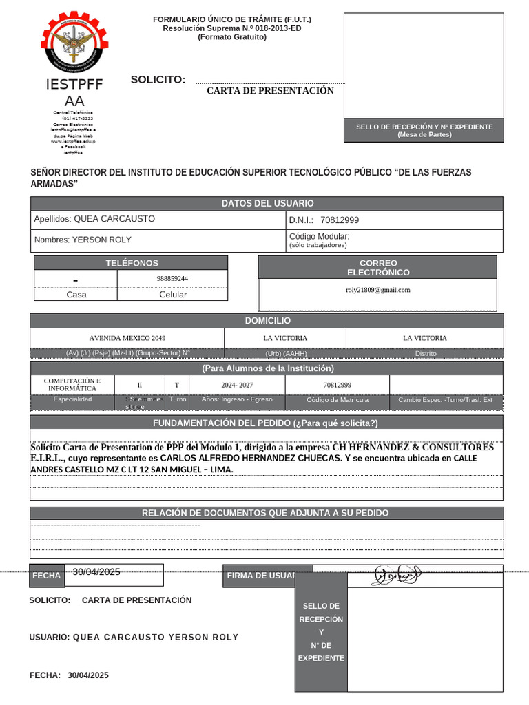 Fut - Carta de Presentación (Ejemplo Del Llenado) QUEA | PDF | Informática | ciberespacio