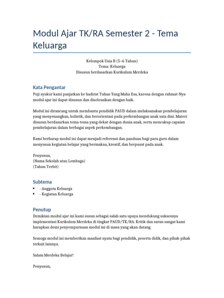 Modul TKRA Tema Keluarga | PDF