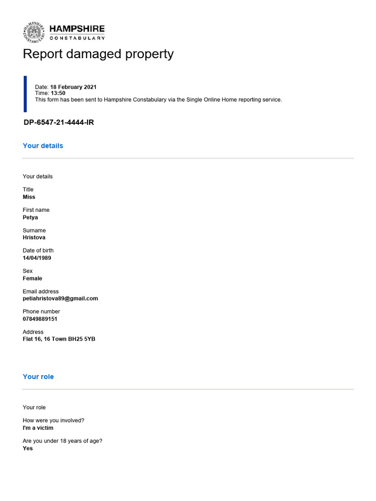 Formsubmission Report Damaged Property Form DP 6547 21 4444 Ir | PDF | Witness | Crimes