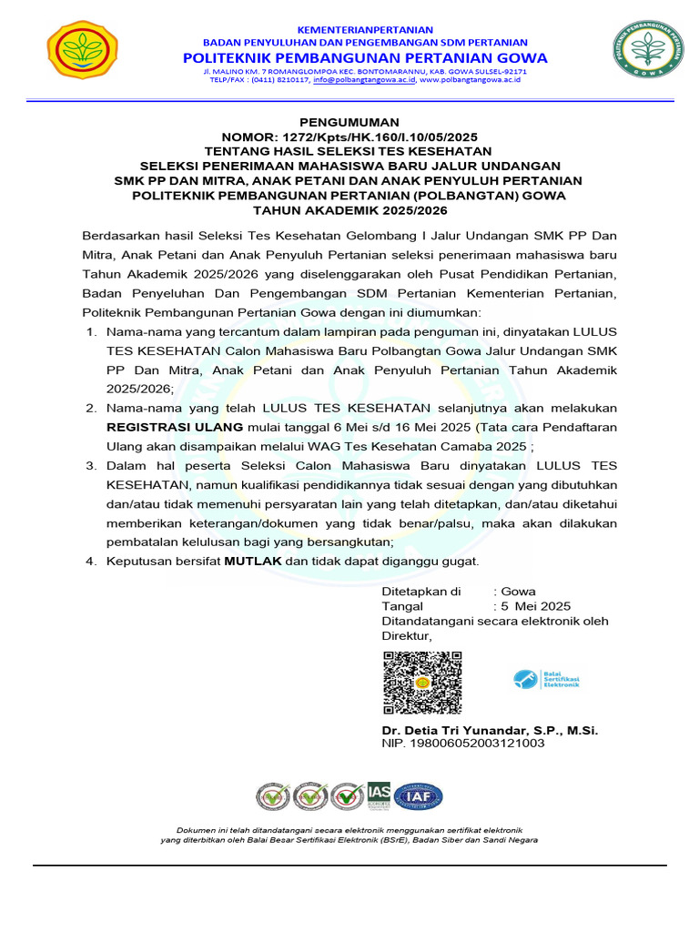 Pengumuman Hasil Tes Kesehatan Jalur Undangan Tahun 2025 | PDF
