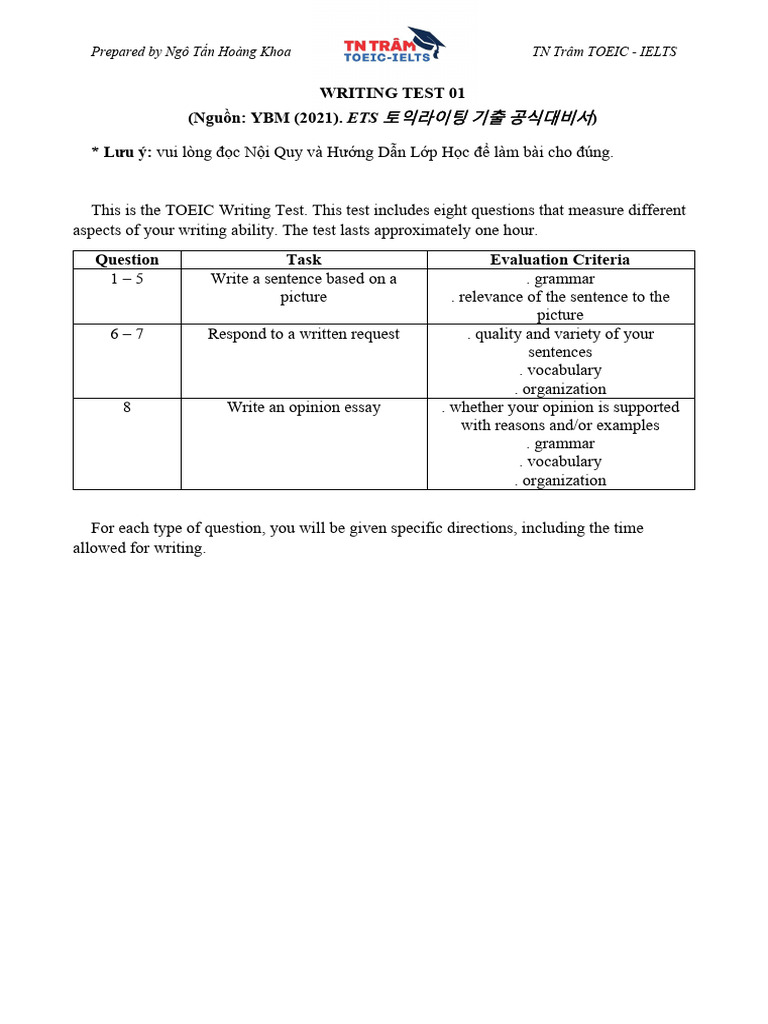 TOEIC Writing Test Overview and Tasks | PDF | International English ...