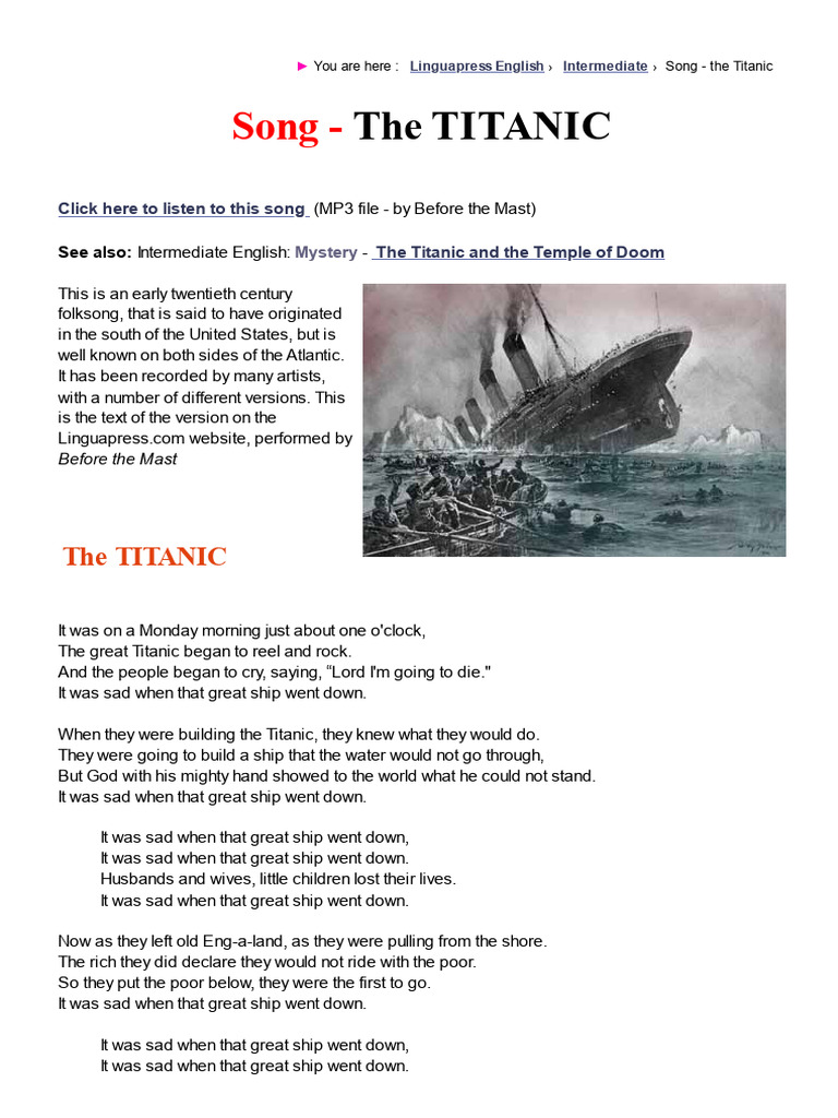 Song_ the Titanic - intermediate English audio resource | PDF