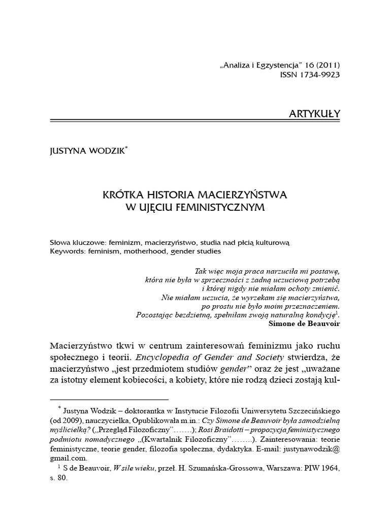 Wodzik, Krótka Historia Macierzy Stwa W Uj Ciu Feministycznym | PDF