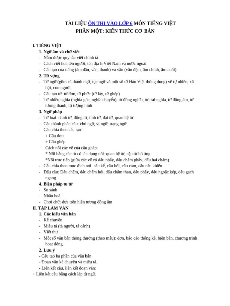 Bo de On Thi Vao Lop 6 Mon Tieng Viet | PDF