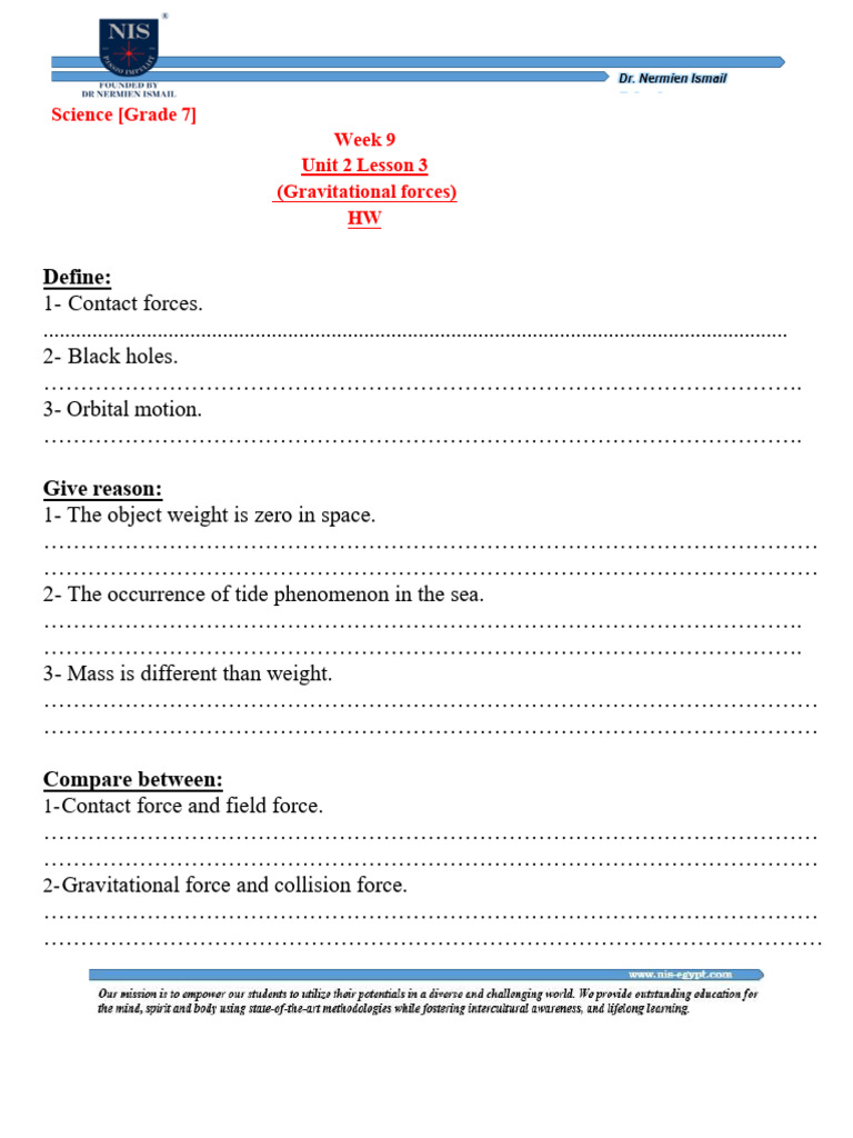 Define:: Science (Grade 7) Week 9 Unit 2 Lesson 3 (Gravitational Forces) HW | PDF