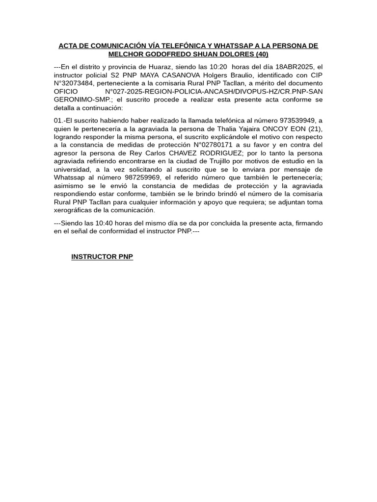 Acta de Comunicación Vía Telefónica y Whatssap A La Persona de Melchor ...