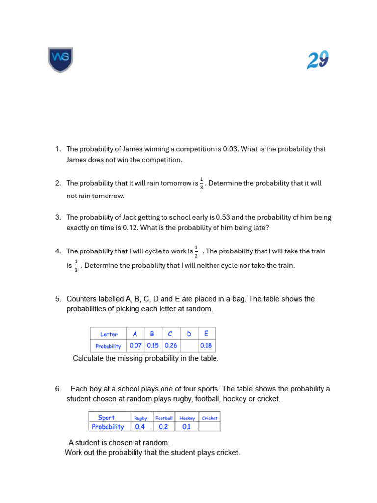 Year 8 - WS - Probability | PDF