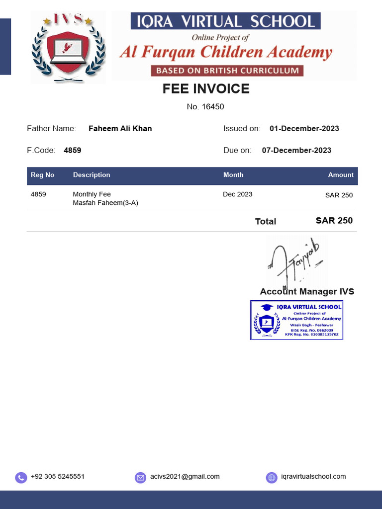 Fee Invoice: Faheem Ali Khan 4859 | PDF