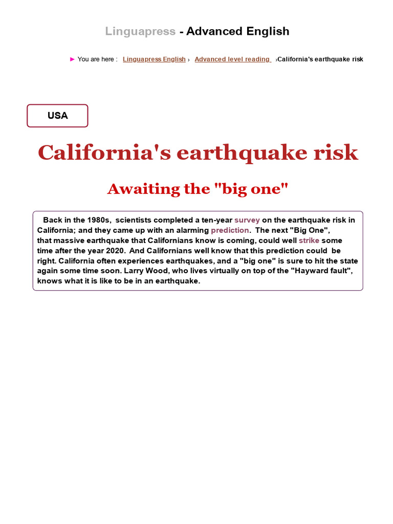 California's Earthquake Risk - Advanced ESL Reading | PDF | Earthquakes ...
