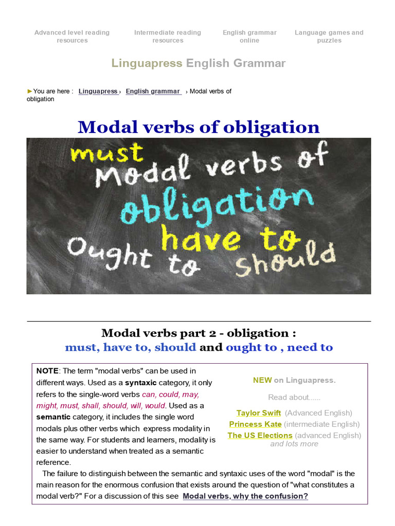 Modal Verbs of Obligation - Must, Should, Ought To | PDF | Verb | Grammar