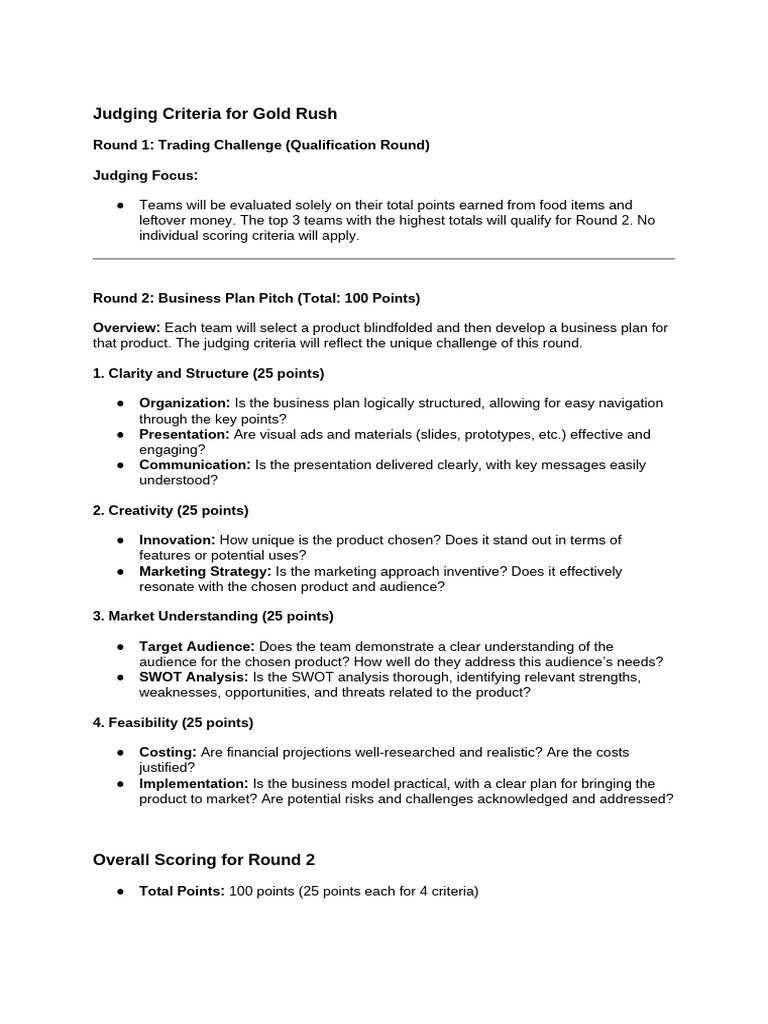 Judging Criteria For Gold Rush | PDF