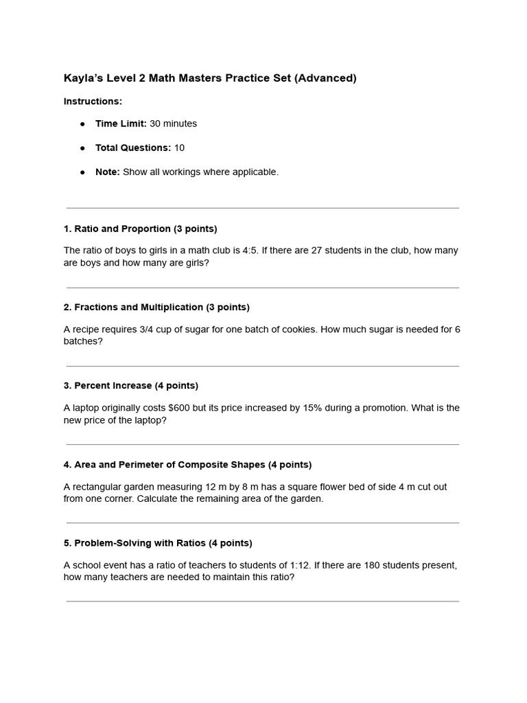 Kayla's Level 2 Math Masters Practice Set Advanced | PDF
