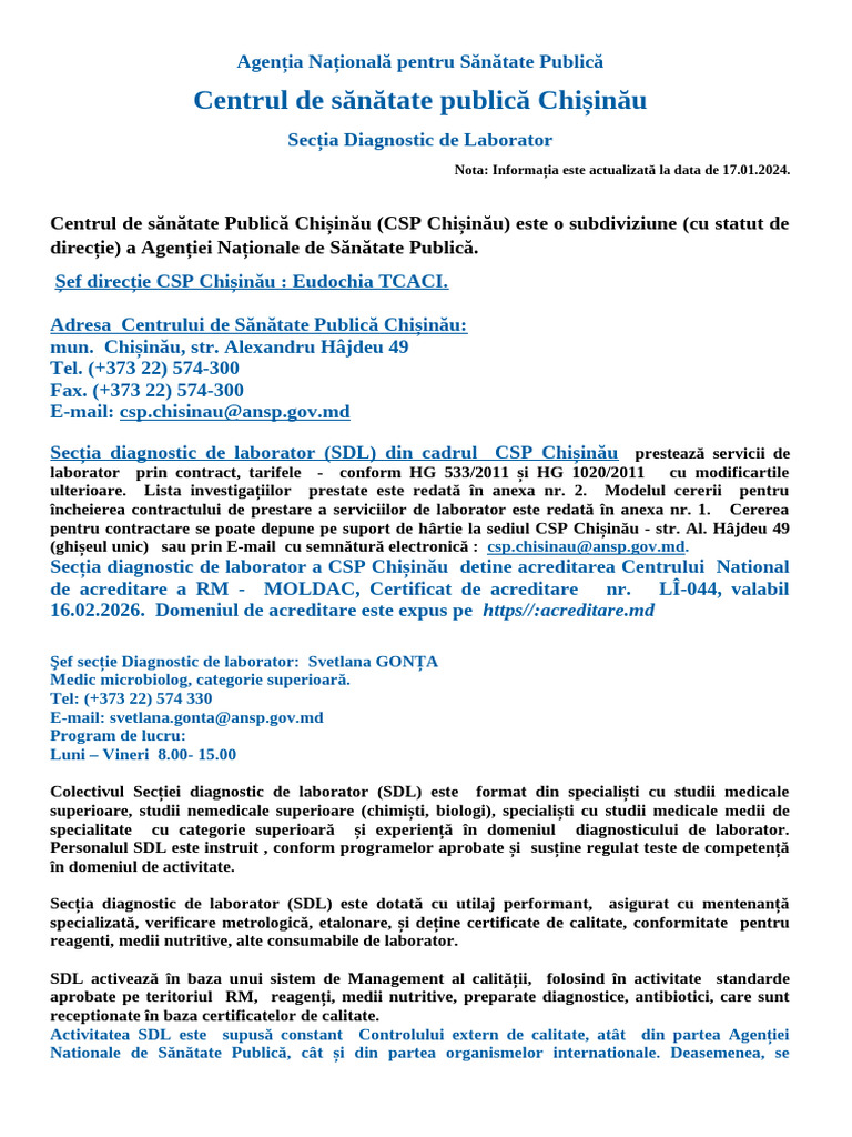 Sectia Diagnostic de Laborator A CSP Chisinau | PDF