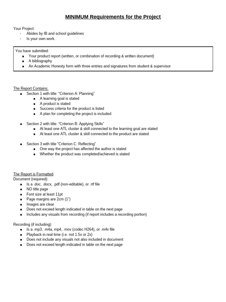 30 Minimum Requirements For Personal Project Report | PDF
