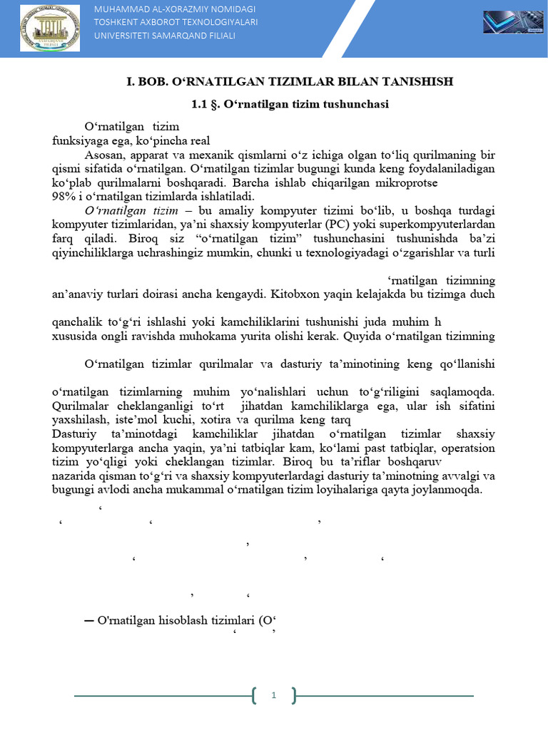 1-MAVZU_NAZARIY_O‘Rnatilgan Tizimlarga Kirish (1) | PDF