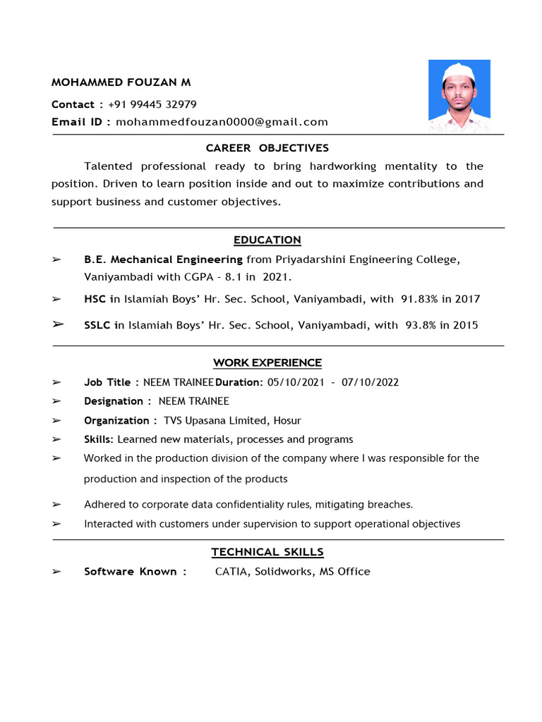 Mohammed Fouzan M BIO DATA | PDF