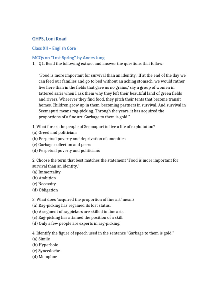 Lost Spring MCQs Class XII Answers | PDF