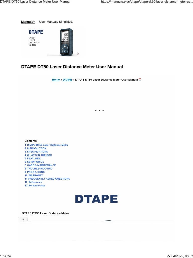 DTAPE DT50 Laser Distance Meter User Manual | PDF | Backlight | Metre